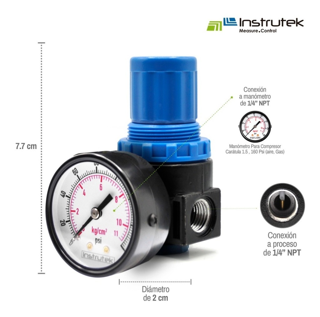 Regulador De Presión Neumático 1/4 120 Psi Con Manómetro | Instrutek